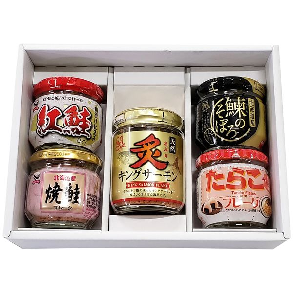 ポイント保管も保存も便利な瓶詰セットです。こだわりのフレーク達（ほぐし）を堪能して下さい。※写真はイメージです。内容・デザイン等変更になる場合があります。予めご了承ください。箱サイズ24.5×18×7.5cm現品サイズ・内容鮭フレーク（北海...