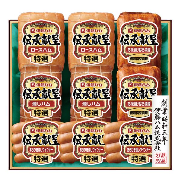 ポイント守り伝えられた伝統の技を用い丹念に造り上げました。※写真はイメージです。内容・デザイン等変更になる場合があります。予めご了承ください。箱サイズcm27.1×29.6×6.9cm現品サイズ・内容特選（ロースハム320gx2・燻しハム1...