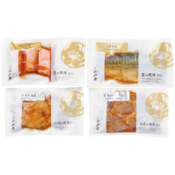 ポイント白焼きした魚を醤油ベースのタレに漬け込む新潟の郷土料理にして、小川屋自慢の逸品「匠の焼漬」と創業126年目で誕生した「お肉の焼漬」の4種詰合せ。開けたらそのまま食べれる手軽さで、大切な方への贈り物としても最適です！※写真はイメージで...