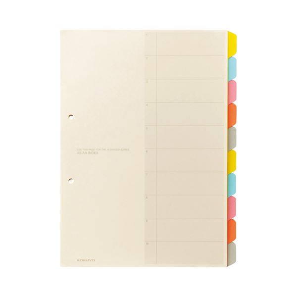 ■商品内容●カラー見出しで検索性アップ!A4タテ10山のカラー仕切カード、5パックセットです。●10進分類に便利です。■商品スペックサイズ：A4タテ色：5色山数：10山対応穴数：2穴寸法：タテ297×ヨコ210mm材質：古紙パルプ配合重量：...