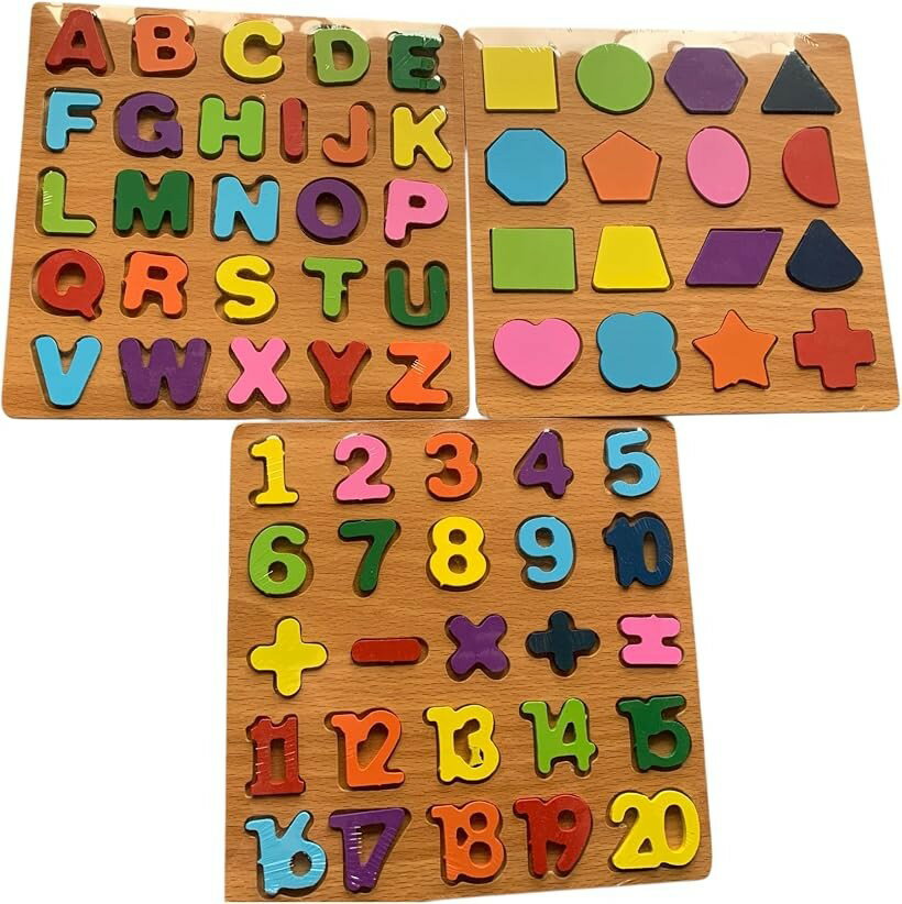 商品コード2bk531nhsr商品名木製パズル 3個セット アルファベット 数字 図形 カラフル 知育玩具 積み木ブランドnotomowarriorsカラーマルチサイズ等中3点セット：アルファベット、数字（1～20）、図形の3種類の木製パズ...