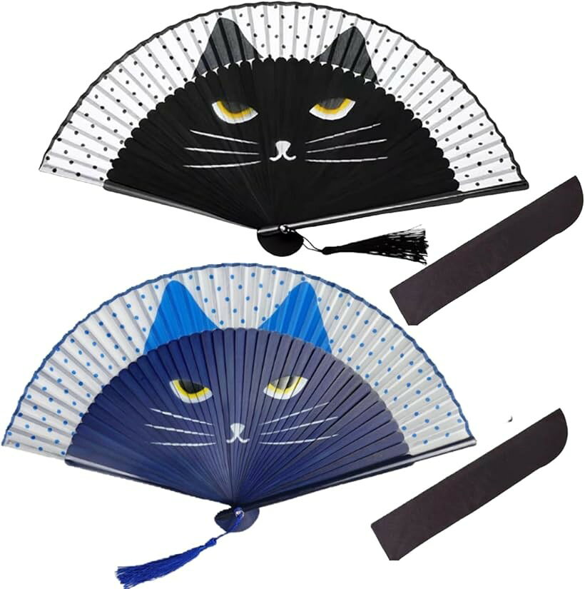 バリエーションコード : 2bukyq4q93商品コード2buox2ofpx商品名扇子 猫 グッズ レディース シルク センス 黒猫 おもしろ 雑貨 頑丈 2本ブランドIMPACTオンラインカラー黒猫x青猫「愛らしい黒猫＆茶猫デザインで夏を...