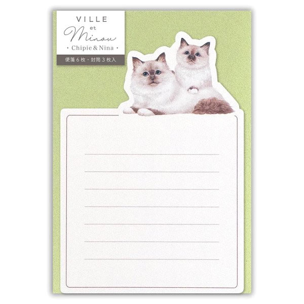 商品の特徴 VILLE et Minou パリの街に暮らす猫たちが主役のシリーズ。 ダイカットの2匹のバーマンが可愛らしい、ちょっとしたお便りに便利なミニレターセットです。 プレゼントにメッセージを添える時などにもおすすめです。 サイズ・商...