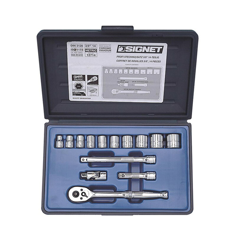 メーカー名：SIGNET(シグネット)品番：12714商品名：(#812910B)3/8DR 3/8"SQ 14PC mm ソケットレンチセット●差込角(SQ)：3/8●ミラー仕上げのメッキが美しいスタンダードソケットセット。●ボルト・ナッ...