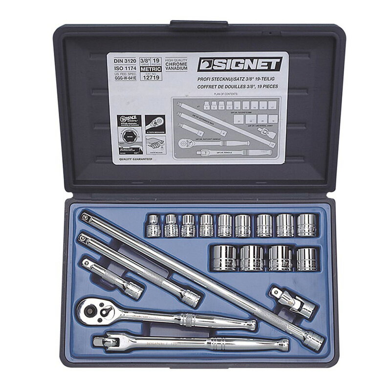 メーカー名：SIGNET(シグネット)品番：12719商品名：(#812913B)3/8DR 3/8"SQ 19PC mm ソケットレンチセット●差込角(SQ)：3/8●ミラー仕上げのメッキが美しいスタンダードソケットセット。●ボルト・ナッ...