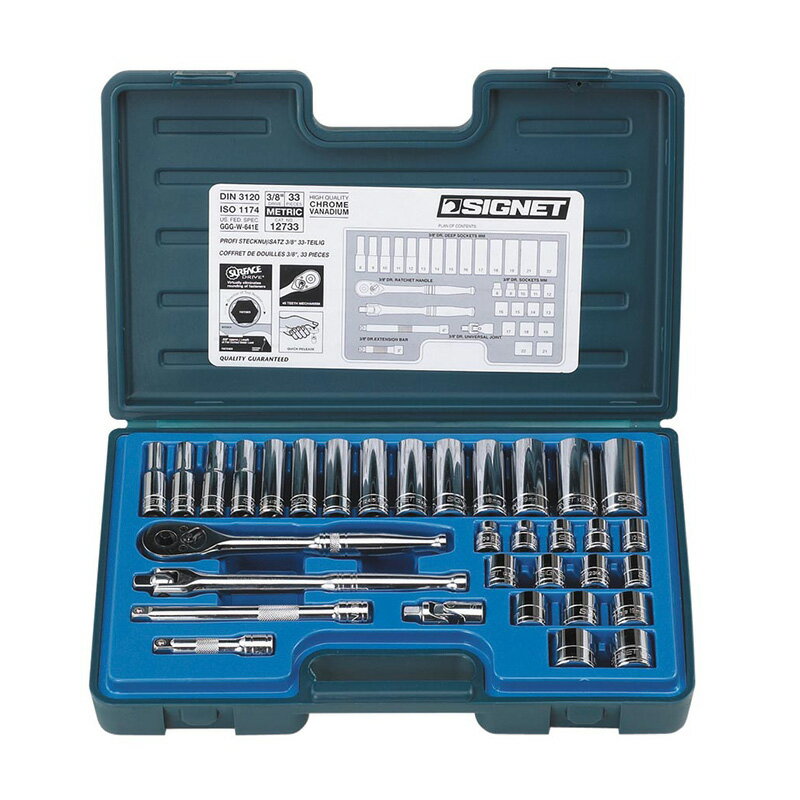 メーカー名：SIGNET(シグネット)品番：12733商品名：3/8DR 3/8"SQ 33PC mm ソケットレンチセット●差込角(SQ)：3/8●ミラー仕上げのメッキが美しいスタンダードソケットセット。●ボルト・ナットを傷めにくい面接触...