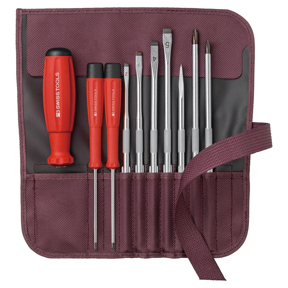 メーカー名：PB SWISS TOOLS(ピービースイスツールズ)品番：8218BO商品名：8218BO 差替式ドライバーセット 9本組 ボルドー■カラー：ボルドー■質量(g)：383●便利な差替式ドライバーのセット。ドライバーハンドル(8...