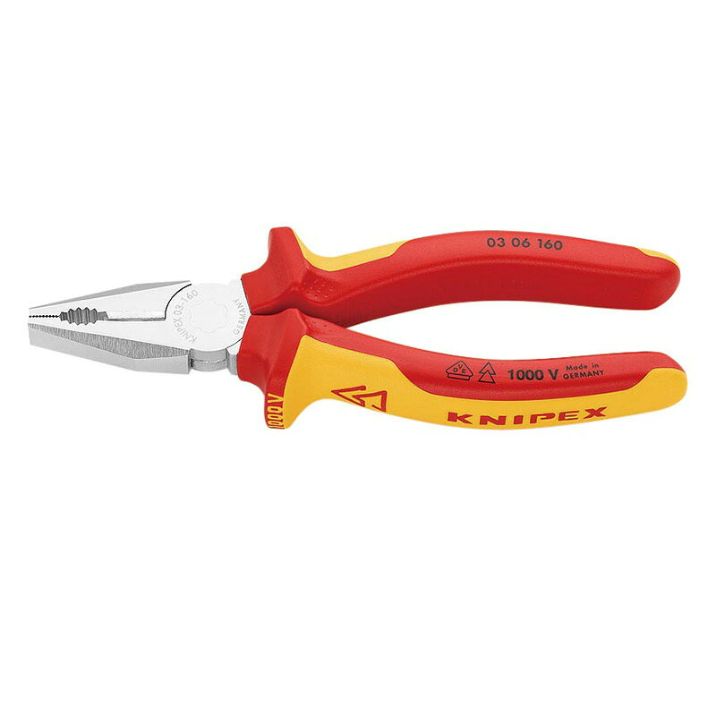 メーカー名：KNIPEX(クニペックス)品番：0306-160商品名：強力絶縁ペンチ 1000V (台紙付き)●ヘッド仕上げ：クロムメッキ●ハンドル仕様：1000V絶縁(VDE絶縁テスト済み)●つかみ面：横すじ入り●切断面：傘状●切断能力(...