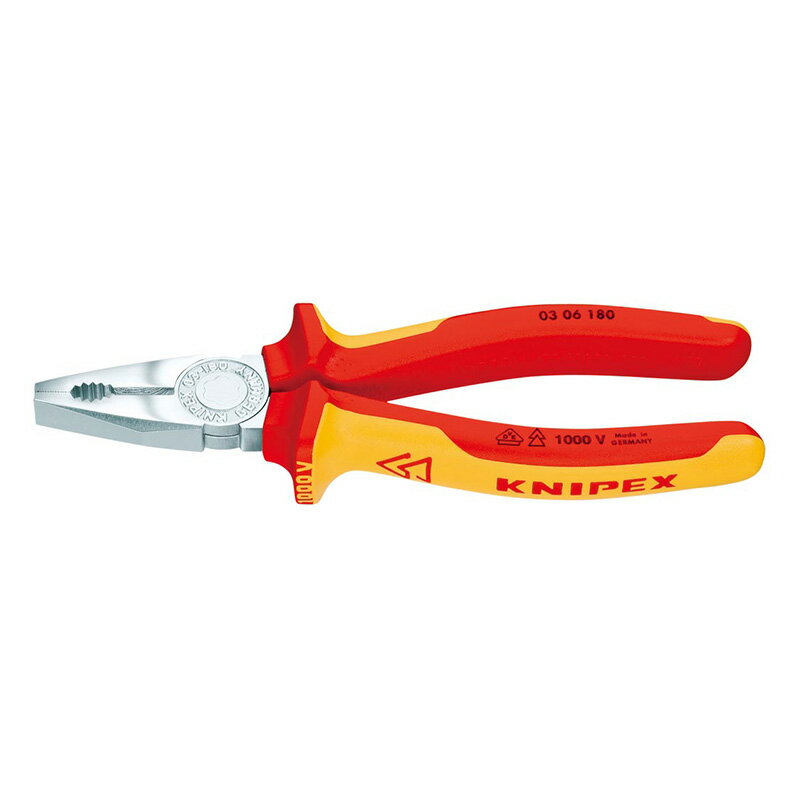 メーカー名：KNIPEX(クニペックス)品番：0306-180商品名：強力絶縁ペンチ 1000V (台紙付き)●ヘッド仕上げ：クロムメッキ●ハンドル仕様：1000V絶縁(VDE絶縁テスト済み)●つかみ面：横すじ入り●切断面：傘状●切断能力(...