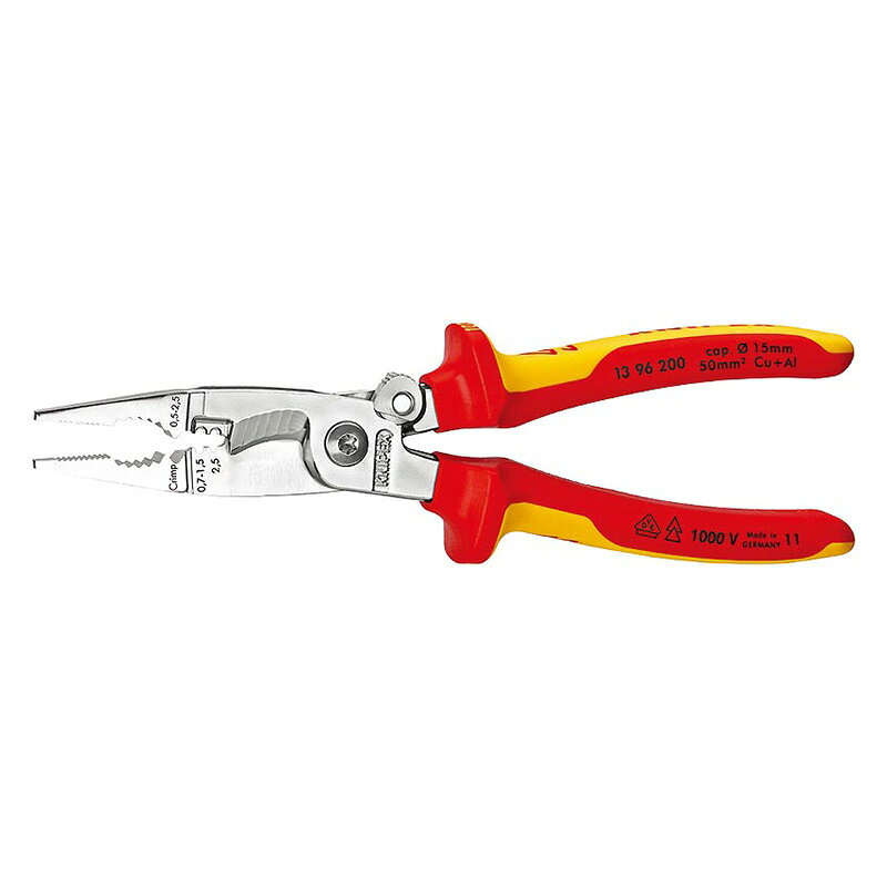 メーカー名：KNIPEX(クニペックス)品番：1396-200商品名：絶縁エレクトロプライヤー (スプリング付) (台紙付き)●ヘッド仕上げ：クロムメッキ●ハンドル仕様：1000V絶縁(VDE絶縁テスト済み)●スタイル：平口●つかみ面：フラ...