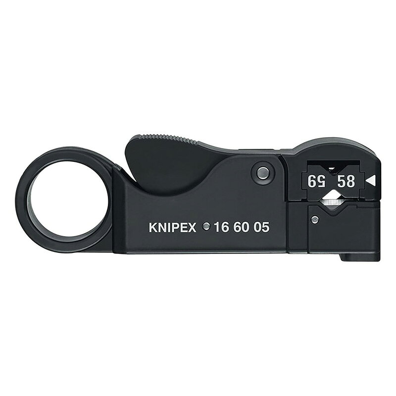 メーカー名：KNIPEX(クニペックス)品番：1660-05商品名：同軸ケーブルストリッパー (台紙付き)●ボディー材質：耐衝撃性プラスチック●ケーブルタイプ：RG58・RG59+RG62●全長(mm)：105●質量(g)：73●一つの操作...