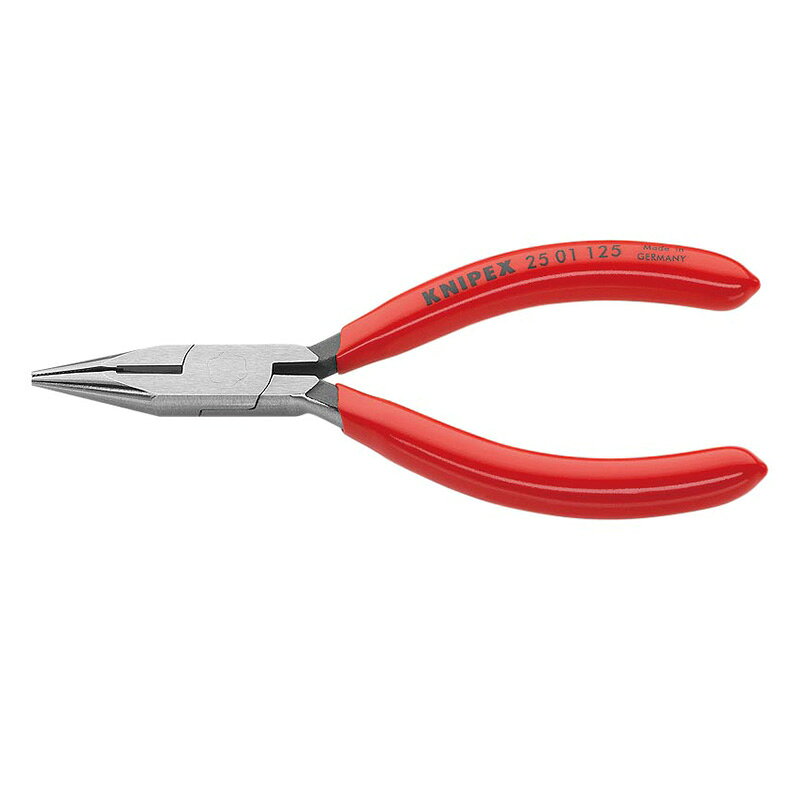 メーカー名：KNIPEX(クニペックス)品番：2501-125商品名：ラジオペンチ●ヘッド仕上げ：黒防錆コート・研磨●ハンドル仕様：プラスチックコーティング●刃材質：バナジウム鋼(多段階油焼き入れ)●スタイル：半丸口●つかみ面：横すじ入り●...