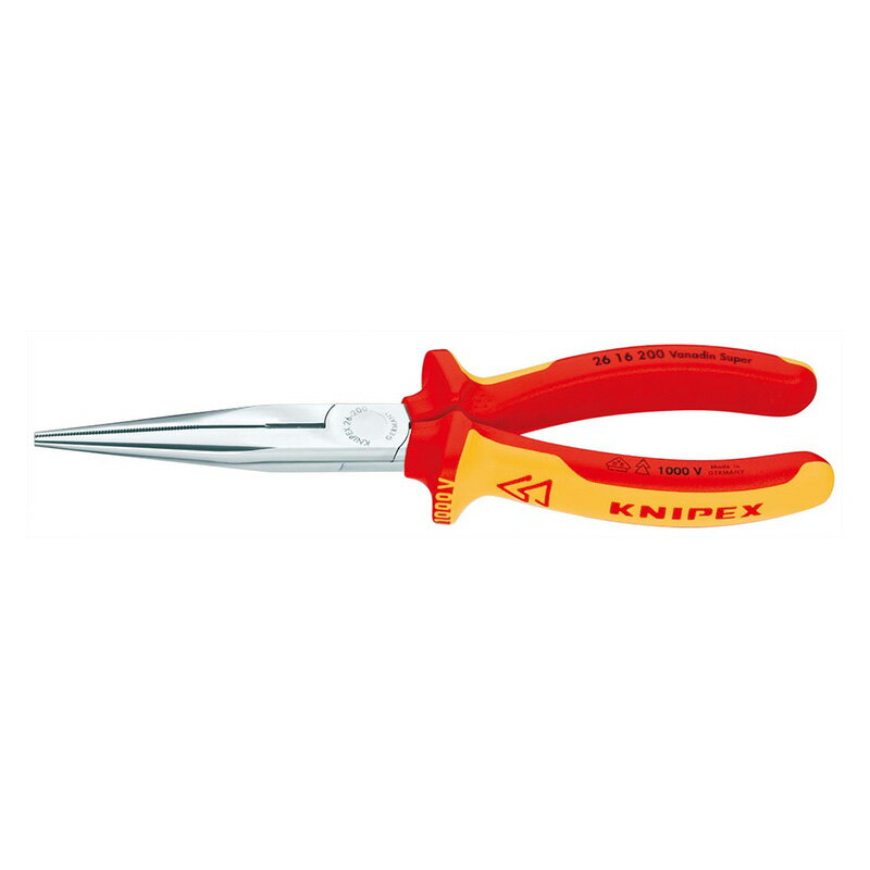 メーカー名：KNIPEX(クニペックス)品番：2616-200商品名：絶縁先長ラジオペンチ 1000V (台紙付き)●ヘッド仕上げ：クロムメッキ●ハンドル仕様：1000V絶縁(VDE絶縁テスト済み)●スタイル：半丸口●つかみ面：横すじ入り●...