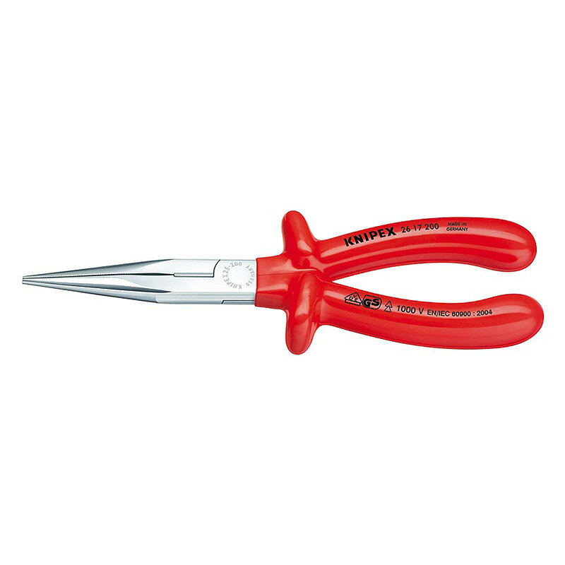 メーカー名：KNIPEX(クニペックス)品番：2617-200商品名：絶縁先長ラジオペンチ 1000V●ヘッド仕上げ：クロムメッキ●ハンドル仕様：1000V絶縁ディップコーティング(VDE絶縁テスト済み)●スタイル：半丸口●つかみ面：横すじ...