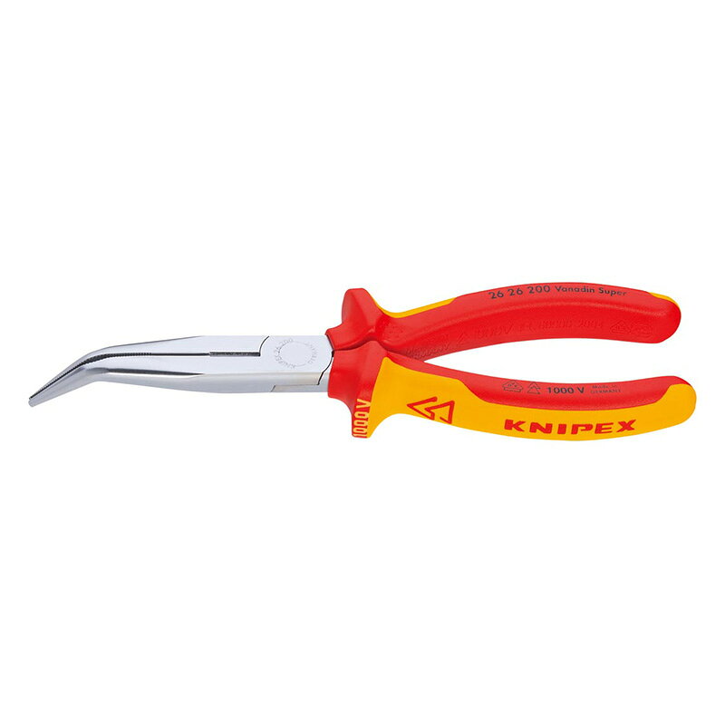 メーカー名：KNIPEX(クニペックス)品番：2626-200商品名：絶縁40゜先曲ラジオペンチ 1000V (台紙付き)●ヘッド仕上げ：クロムメッキ●ハンドル仕様：1000V絶縁(VDE絶縁テスト済み)●スタイル：半丸口●つかみ面：横すじ...