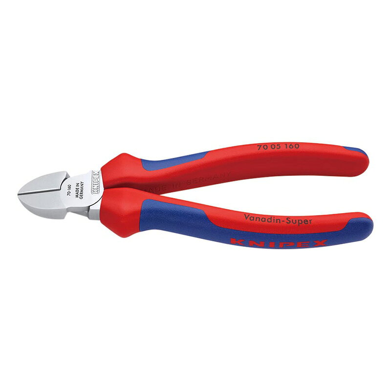 メーカー名：KNIPEX(クニペックス)品番：7005-160商品名：斜ニッパー (台紙付き)●ヘッド仕上げ：クロムメッキ●ハンドル仕様：コンフォート●刃材質：オイル焼き入れ(焼き戻し処理済み)バナジウム電気鋼'●切断面：傘状(斜め刃）●切...