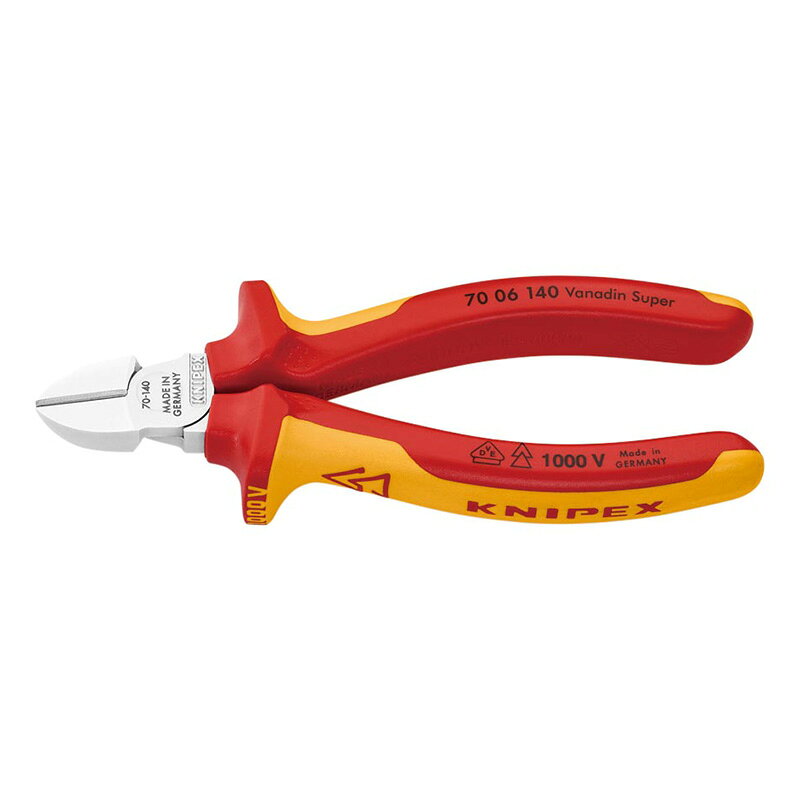 メーカー名：KNIPEX(クニペックス)品番：7006-140商品名：絶縁斜ニッパー 1000V (台紙付き)●ヘッド仕上げ：クロムメッキ●ハンドル仕様：1000V絶縁(VDE絶縁テスト済み)●切断面：傘状●切断能力(軟線；φmm)：4.0...