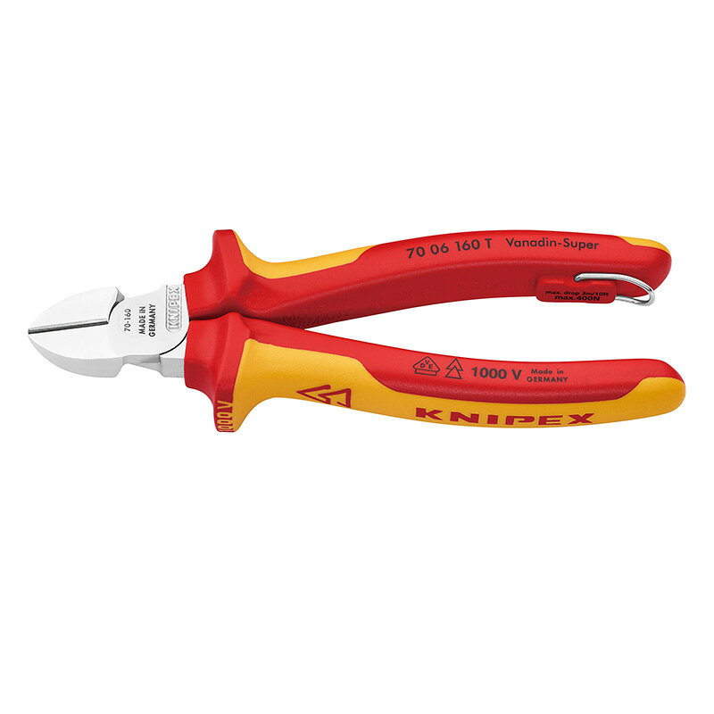 メーカー名：KNIPEX(クニペックス)品番：7006-160TBK商品名：絶縁斜ニッパー (固定留め輪付)●ヘッド仕上げ：クロムメッキ●ハンドル仕様：1000V絶縁(VDE絶縁テスト済み)●切断面：傘状●切断能力(軟線；φmm)：4.0●...