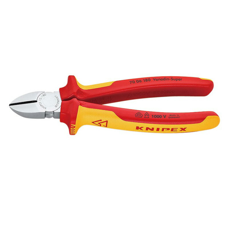 メーカー名：KNIPEX(クニペックス)品番：7006-180商品名：絶縁斜ニッパー 1000V (台紙付き)●ヘッド仕上げ：クロムメッキ●ハンドル仕様：1000V絶縁(VDE絶縁テスト済み)●切断面：傘状●切断能力(軟線；φmm)：4.0...