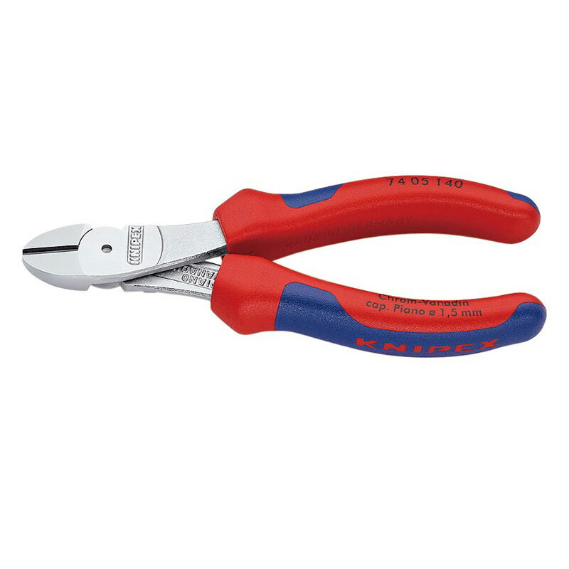 メーカー名：KNIPEX(クニペックス)品番：7405-140商品名：強力型斜ニッパー●ヘッド仕上げ：クロムメッキ●ハンドル仕様：コンフォート●刃材質：クロムバナジウム高性能鋼(多段階油焼き入れ)●切断面：傘状(斜め刃）●切断能力（中硬線；...