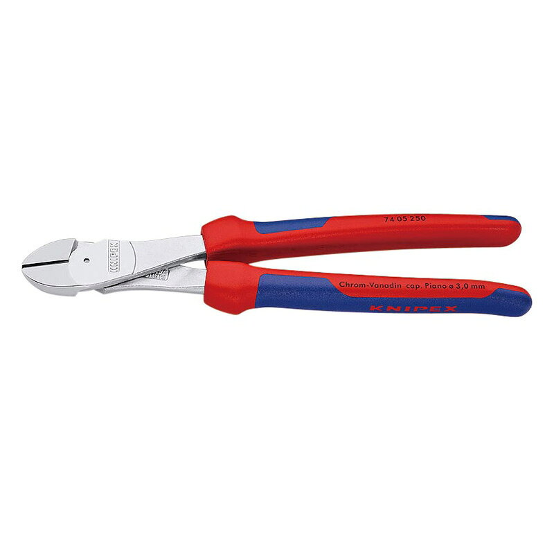 メーカー名：KNIPEX(クニペックス)品番：7405-250商品名：強力型斜ニッパー●ヘッド仕上げ：クロムメッキ●ハンドル仕様：コンフォート●刃材質：クロムバナジウム高性能鋼(多段階油焼き入れ)●切断面：傘状(斜め刃）●切断能力（中硬線；...