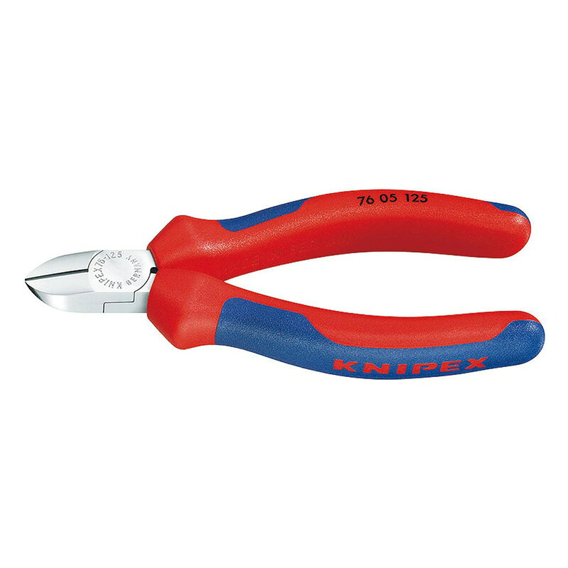 メーカー名：KNIPEX(クニペックス)品番：7605-125商品名：ニッパー●ヘッド仕上げ：クロムメッキ●ハンドル仕様：コンフォート●切断面：傘状●切断能力（軟線；φmm)：0.4-2.5●切断能力（中硬線；φmm)：1.8●切断能力(硬...