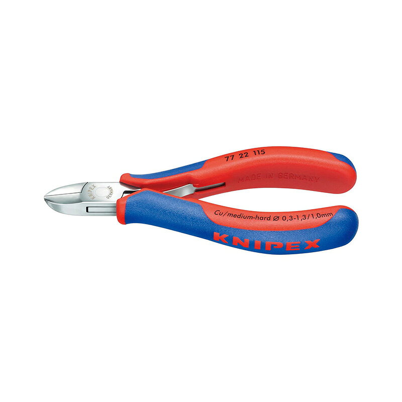 メーカー名：KNIPEX(クニペックス)品番：7722-115商品名：ニッパー (台紙付き)●ヘッド仕上げ：鏡面磨き●ハンドル仕様：コンフォート●スタイル：ラウンドヘッド●切断面：フラット●切断能力（軟線；φmm)：0.3-1.3●切断能力...