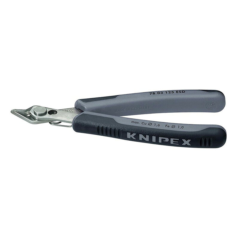 メーカー名：KNIPEX(クニペックス)品番：7803-125ESD商品名：ニッパー 静電気防止ハンドル (台紙付き)●ヘッド仕上げ：磨き●ハンドル仕様：ESD●切断面：フラット●切断能力（軟線；φmm)：0.2-1.6●切断能力（中硬線；...