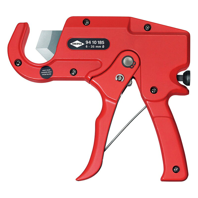メーカー名：KNIPEX(クニペックス)品番：9410-185商品名：プラスチックパイプ用カッター●ボディ仕上げ：赤塗装●ボディ材質：アルミニウムダイカスト●切断可能範囲(φmm)：6.0-35.0●ブレード長さ(mm)：35●全長(mm)...