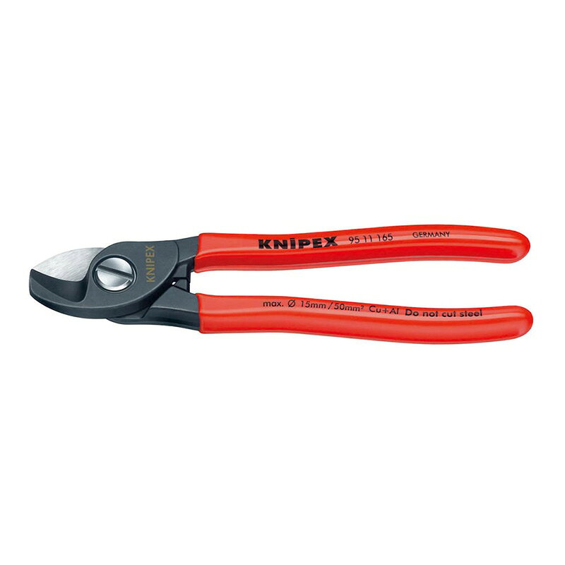 メーカー名：KNIPEX(クニペックス)品番：9511-165商品名：ケーブルカッター (台紙付き)●ヘッド仕上げ：磨き(黒)●ハンドル仕様：プラスチックコーティング●刃硬度：HRC54～56●銅線（多芯）の切断能力(φmm)：15●銅線（...