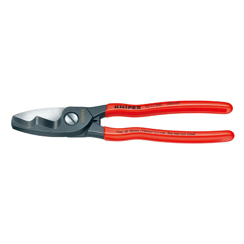 メーカー名：KNIPEX(クニペックス)品番：9511-200商品名：ケーブルカッター (台紙付き)●ヘッド仕上げ：磨き(黒表面処理)●ハンドル仕様：プラスチックコーティング●刃硬度：HRC54～56●銅線（多芯）の切断能力(φmm)：20...