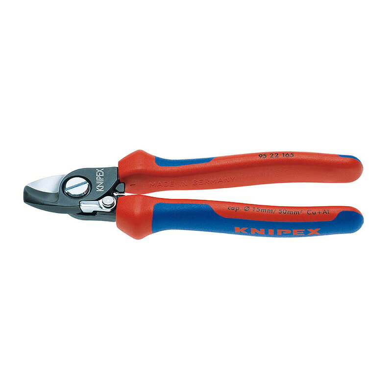 メーカー名：KNIPEX(クニペックス)品番：9522-165商品名：ばね付ケーブルカッター●ヘッド仕上げ：磨き(黒)●ハンドル仕様：コンフォート●刃硬度：HRC54～56●銅線（多芯）の切断能力(φmm)：15●銅線（多芯）の切断能力(m...