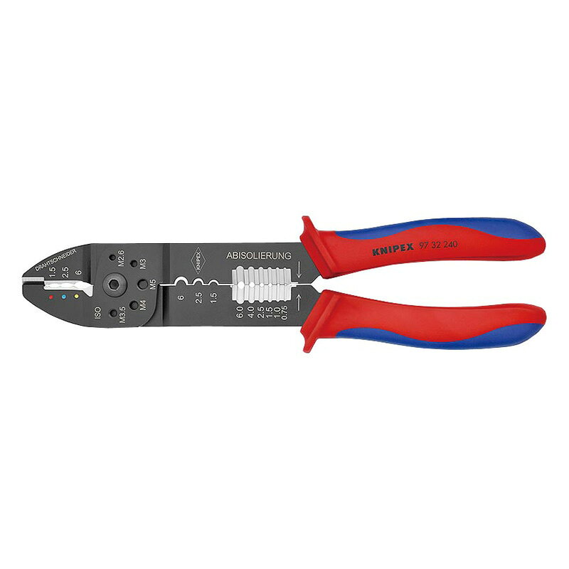 メーカー名：KNIPEX(クニペックス)品番：9732-240SB商品名：クリンピングプライヤー (台紙付き)●ヘッド仕上げ：磨き・黒表面処理●ハンドル仕様：コンフォート●クリンピング能力(mm2)：1.5-6.0●クリンピング能力(AWG...