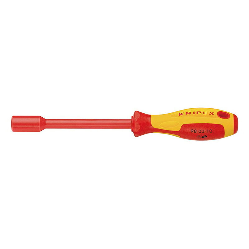 メーカー名：KNIPEX(クニペックス)品番：9803-10商品名：絶縁ナットドライバー 1000V●ハンドル仕様：1000V絶縁(VDE絶縁テスト済み)●ボックス部対辺(mm)：10●軸長(mm)：125●ハンドル長(mm)：112●ヘッ...