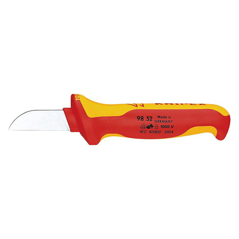 メーカー名：KNIPEX(クニペックス)品番：9852商品名：絶縁ケーブルナイフ 1000V (台紙付き)●ハンドル仕様：1000V絶縁(VDE絶縁テスト済み)●刃長(mm)：50●全長(mm)：190●質量(g)：67●ブレード材質はオイ...