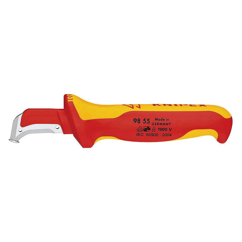 メーカー名：KNIPEX(クニペックス)品番：9855商品名：絶縁ケーブルナイフ 1000V (台紙付き)●ハンドル仕様：1000V絶縁(VDE絶縁テスト済み)●刃長(mm)：38●刃の半径(mm)：23.5●全長(mm)：180●質量(g...