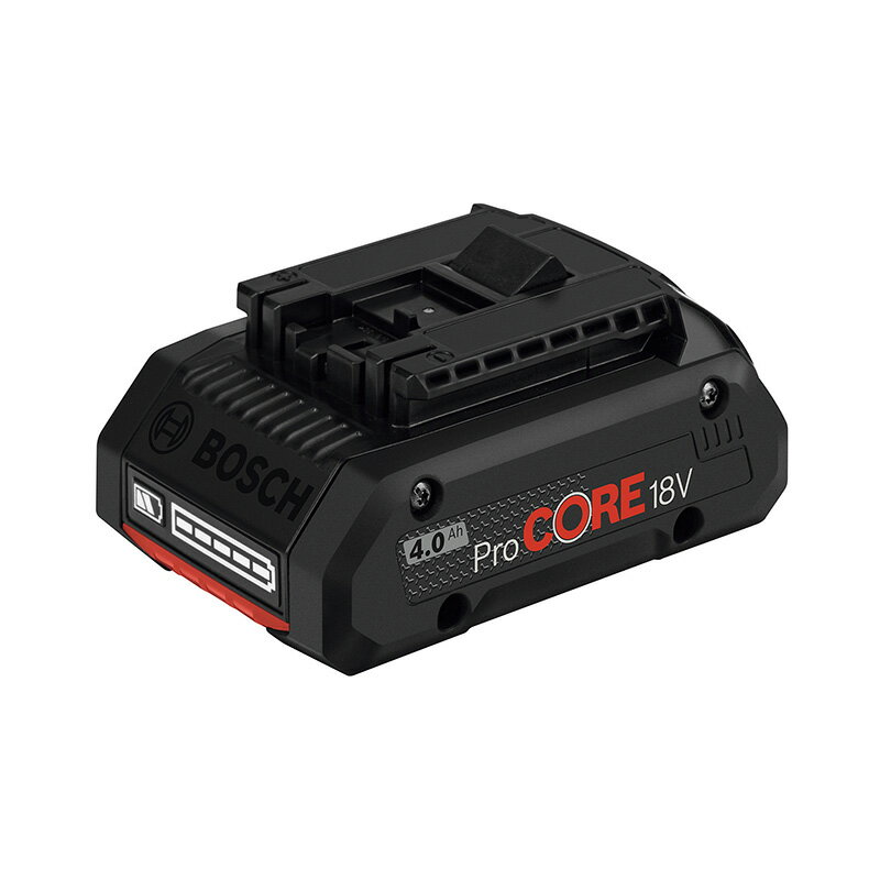 メーカー名：BOSCH（ボッシュ）品番：ProCORE18V4.0商品名：18V4.0Ahリチウムイオンバッテリー●バッテリー電圧/容量：18V/4.0Ah●既存の18Vレンジと完全互換。●CoolPackテクノロジーで最適化された性能と長寿命。