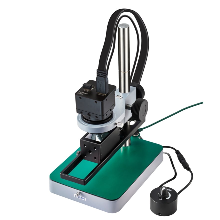 商品説明 簡易計測機能を内蔵した、HDMIモニターに接続して使用するカメラのセットです。 対象物を真上から照らす同軸落射照明付き。 レンズはシンプルな構造で、エクステンションリングの組み合わせによって拡大倍率を調整可能です。 比較的小さい対...