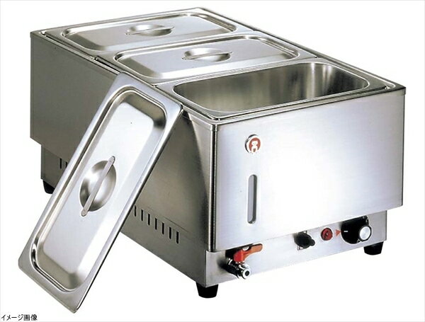 365×570×H270 深さ:150 9.2L×2※メーカー希望小売価格はメーカーカタログに基づいて掲載しています。(カタログ表示価格は消費税が含まれていません)●温度過昇防止装置(バイメタル100℃)●水位計付●収容ホテルパン1/2×2