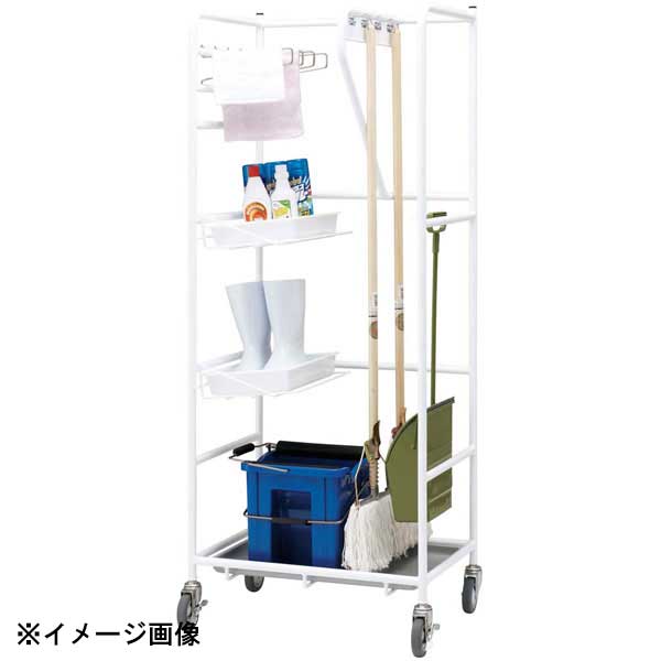 ●型番:BC107●サイズ(mm):W672_D472_H1654●重量:21.9kg●材質:本体:スチール(塗装)、ドレーン:塩ビ、キャスターφ100ゴム車(4輪自在)、2輪ストッパー付●掃除用具一式を載せて作業場所へ移動できるカートです...