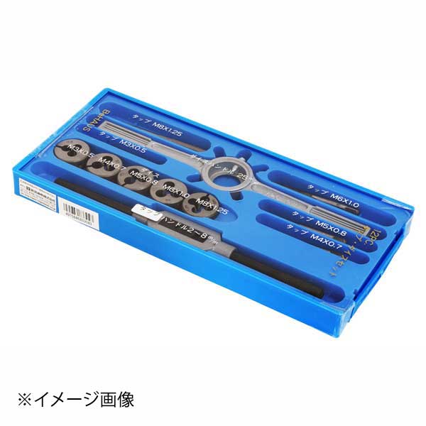 ●使用頻度の高いタップ、ダイス、各ハンドルの便利なセットです。●めねじのねじ山形成、つぶれの修正に。●サイズ(幅×高さ×奥行）(mm):112×21×242●本体質量:540g●材質:タップダイス：カーボン●タップサイズ：M3×P0.5、M...
