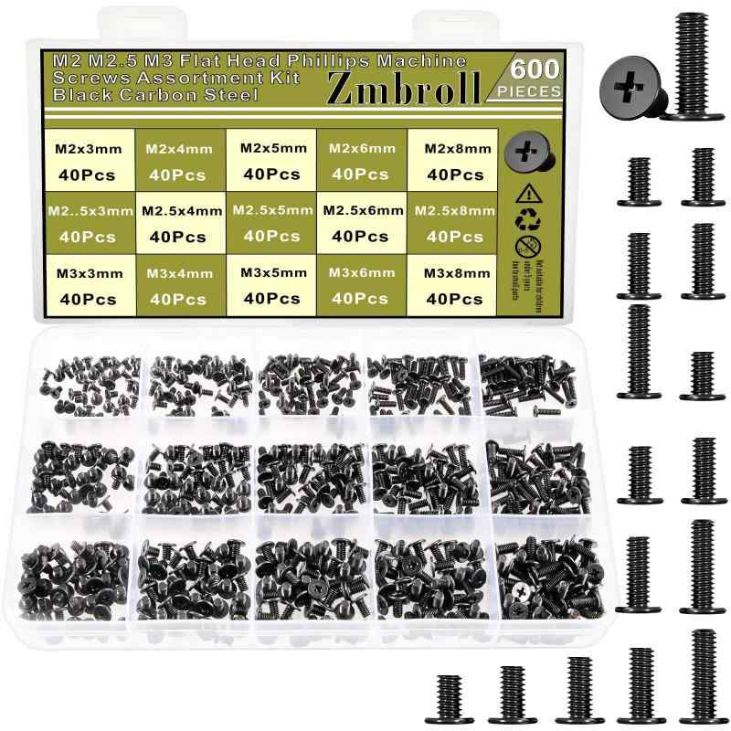 Zmbroll 600個 ノートパソコン ネジ ブラック カーボンスチール ファスナー フラットヘッド マシン スクリュー M2 M2.5 M3 ノートブック コンピューター スクリュー キット SSD HDD ハードドライブ パッケージ内...