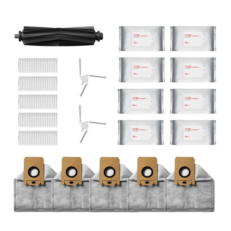 SwitchBot ロボット掃除機 K10+Pro 専用一年分アクセサリー 消耗品セット 交換用 部品 - ゴム製メインブラシ(1個) + サイドブラシ(2個) + フィルター(5枚) + 交換用紙パック(5枚) +お掃除シート(8個パ