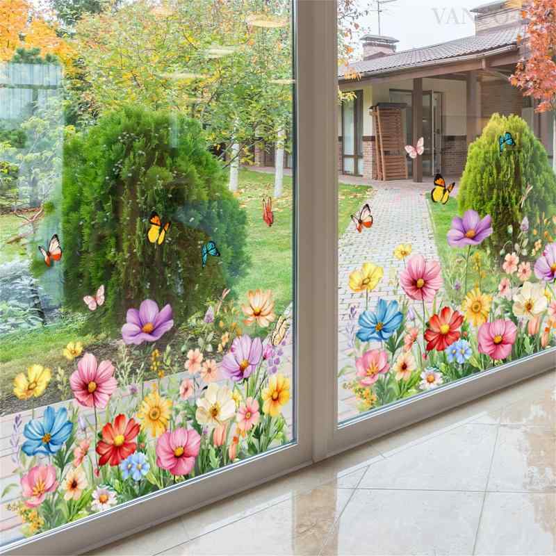 Hikosiya 静電ステッカー 窓ステッカー 花 花瓶 蝶 ハート 風船 窓 ドア 戸棚 浴室 ガラス かわいい 飾り 両面印刷 水で貼る 貼り直し可能 静電気シール インテリア おしゃれ 春 夏 四季 ステッパッケージ内容：60x30c...