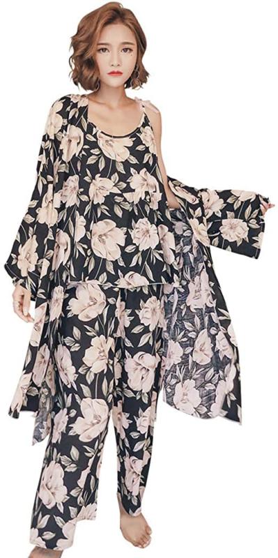 [M0N0liTH] 花柄ルームウェア 3点セット レディース 部屋着 パジャマ 長袖 キャミソール 抜け感 オールシーズンさらっと気持ちいい M~XL (M, ブラック)
