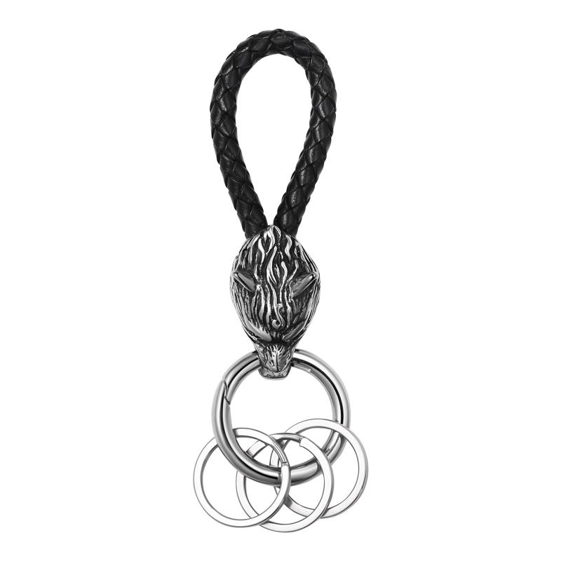 [Oidea] キーホルダー 革 狼 ステンレス メンズ: バイキング バイキング文化 狼ヘッド 北欧風 お守り プレゼント ギフト 父の日 バレンタイン クリスマス - シルバー
