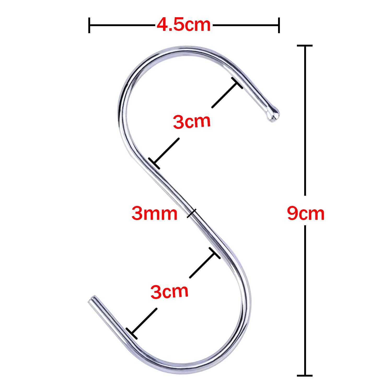 材質：金属。重量：10 - 11 g /個。長さ：9cm / 3.6インチ; 最大支持重量：5 kg。Sの形状は、スティックやネジを使用する必要はありません、広くクローゼット、キッチン、バスルーム、ストレージルーム、ガレージ、工場、オフィス...