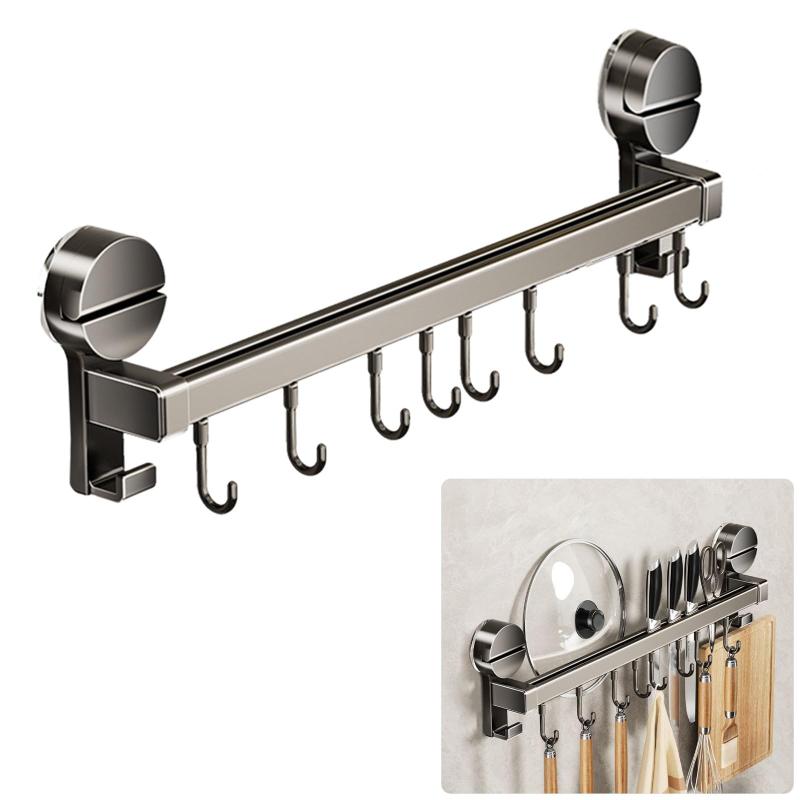 Celugud キッチンツールフック 壁掛け 強力吸盤 ダブルバー 8個可動式フック 40cm キッチン収納 台所収納 アルミニウムとABS製 穴あけ不要 高耐荷重 防水防錆 調理器具 鍋蓋置き 取り外し可能 【基本情報】吸盤式 キッチンツ...