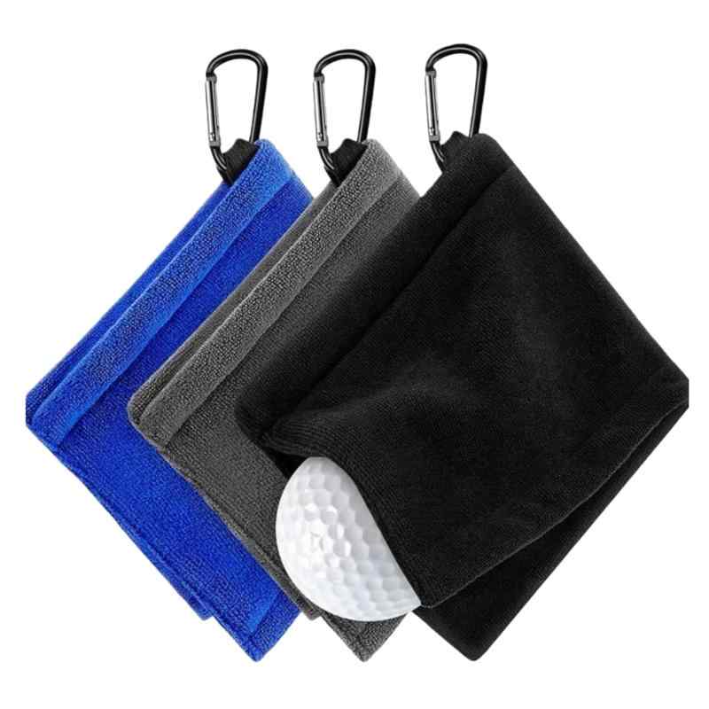 ゴルフ タオル 14*14cm 3個入り ゴルフボールクリーナー ゴルフ用清潔具 ゴルフクラブタオル カラビナと キーホルダーバックル マイクロファイバー タオル 携帯便利 防水 ゴルフタオル拭き 【3枚セットで便利】ブラック・グレー・ブル...