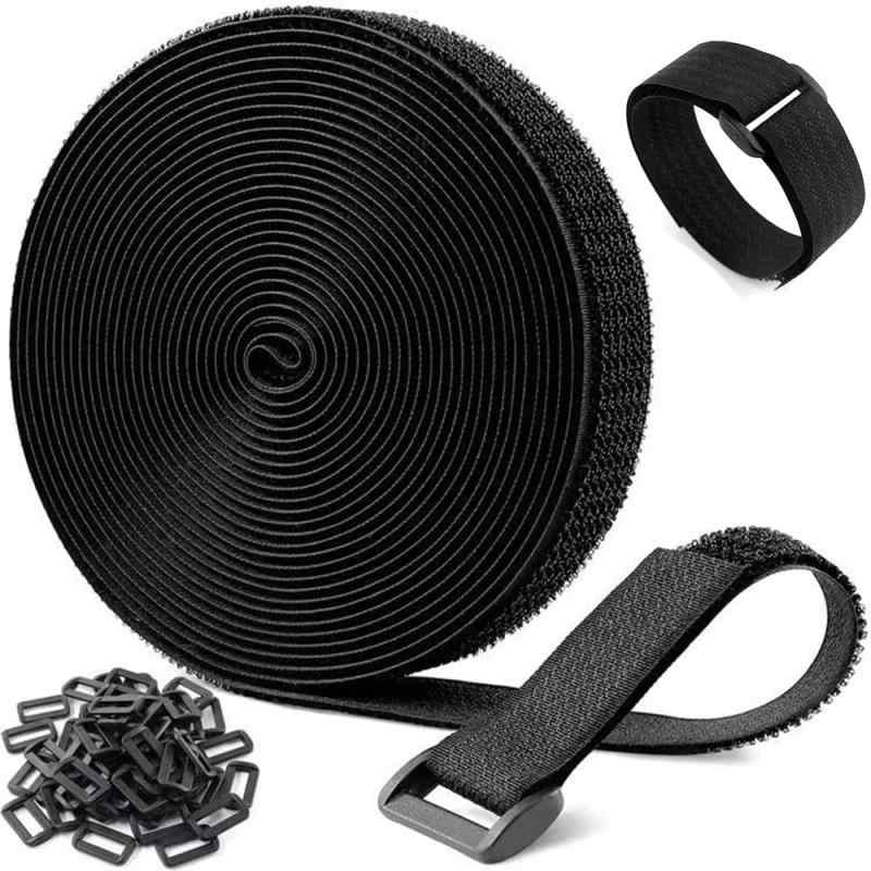 LWMINGALG マジック結束バンド 長さ6m*幅2.5cm 30個バックル付き 面ファスナー固定ベルト 耐熱 自由にカット 繰り返し 荷物梱包 収納用テープ DIY用 業務用 家庭用 工業用(2cmx6m 黒色)【6M荷締めベルトと30...